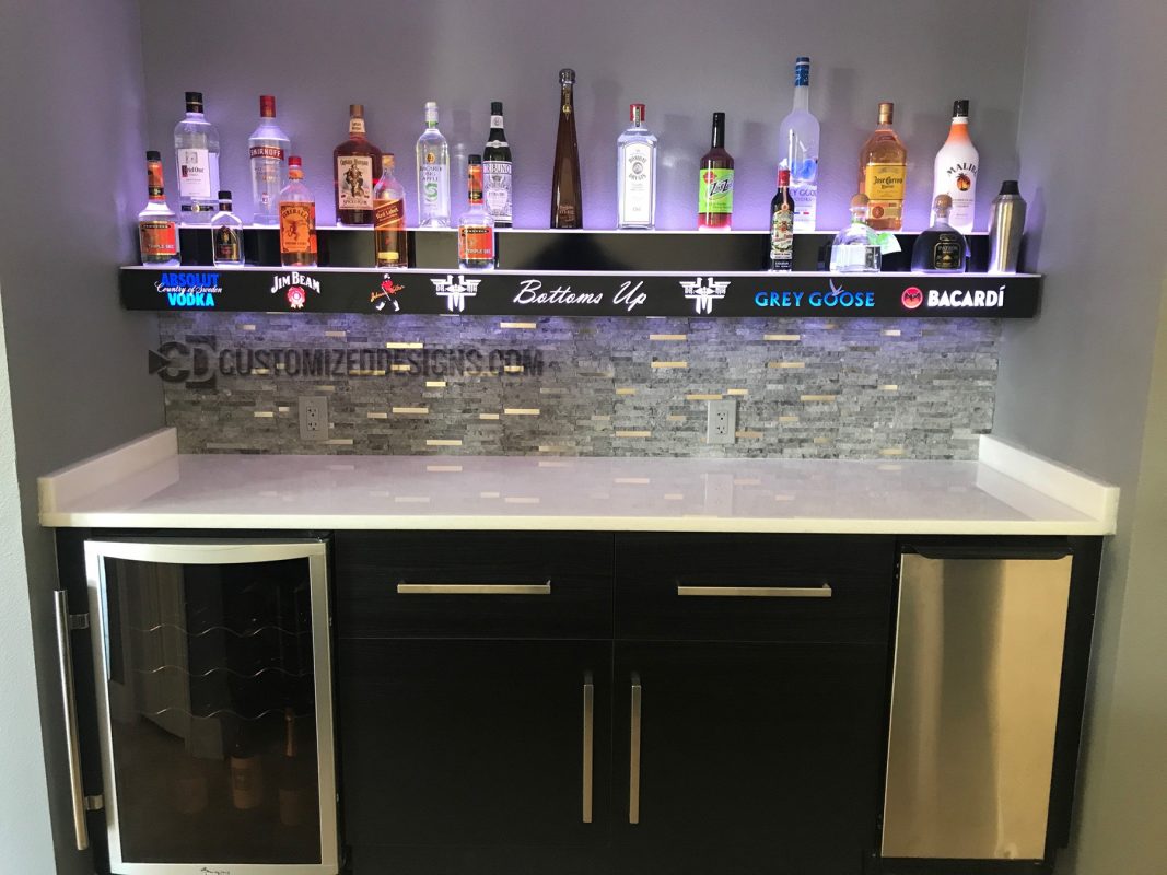 Wall Mounted 2 Tier Bar Display w/ Liquor Logos - Home Bar Ideas ...