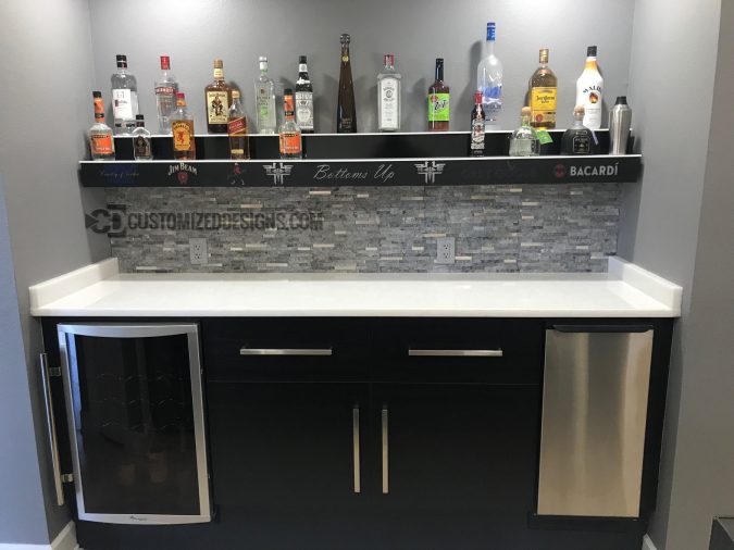 Wall Mounted 2 Tier Bar Display w/ Liquor Logos - Lighting Turned Off ...